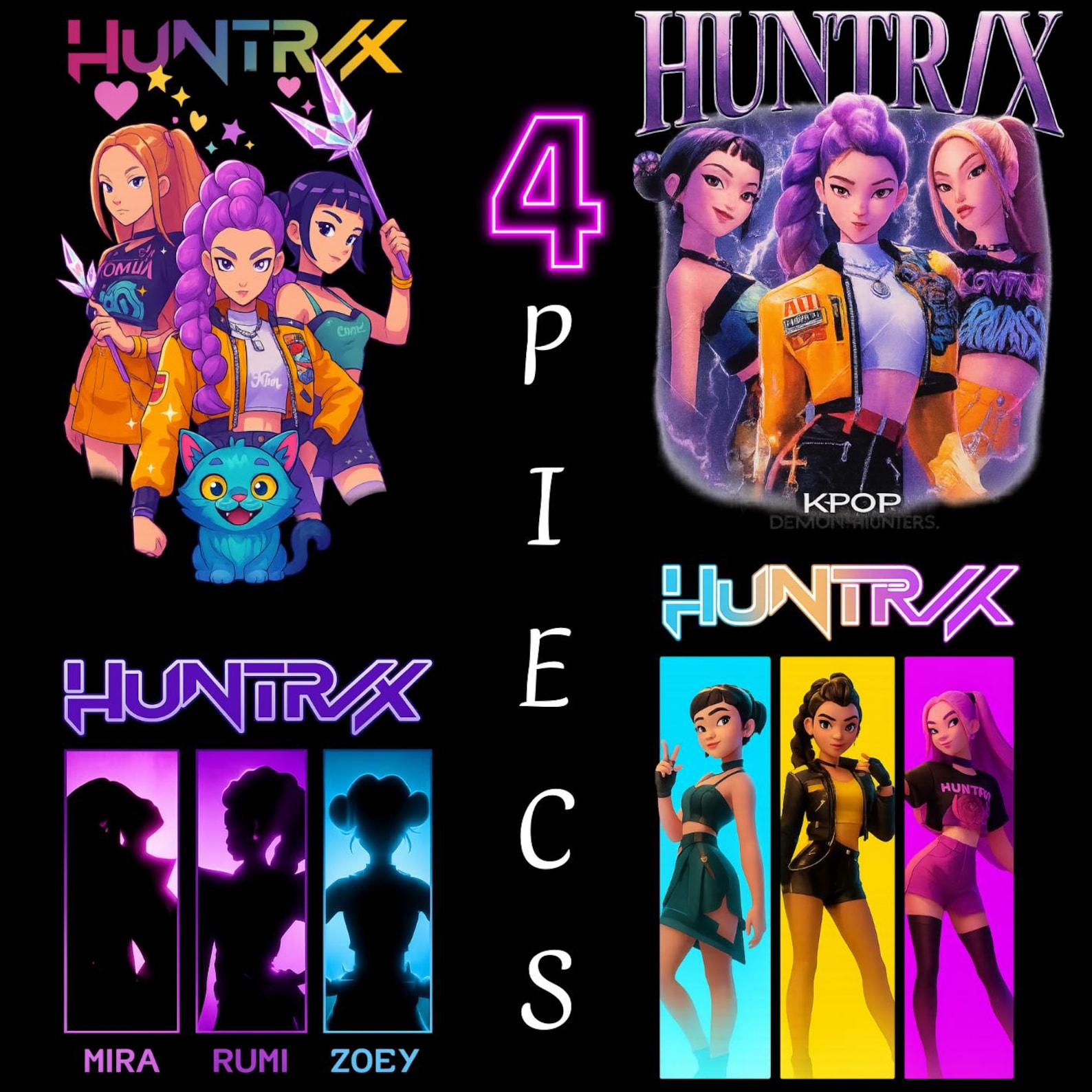 Huntrix Kpop Demon Hunters Png Bundle, Kpop Idol Group Png Design, Girl ...