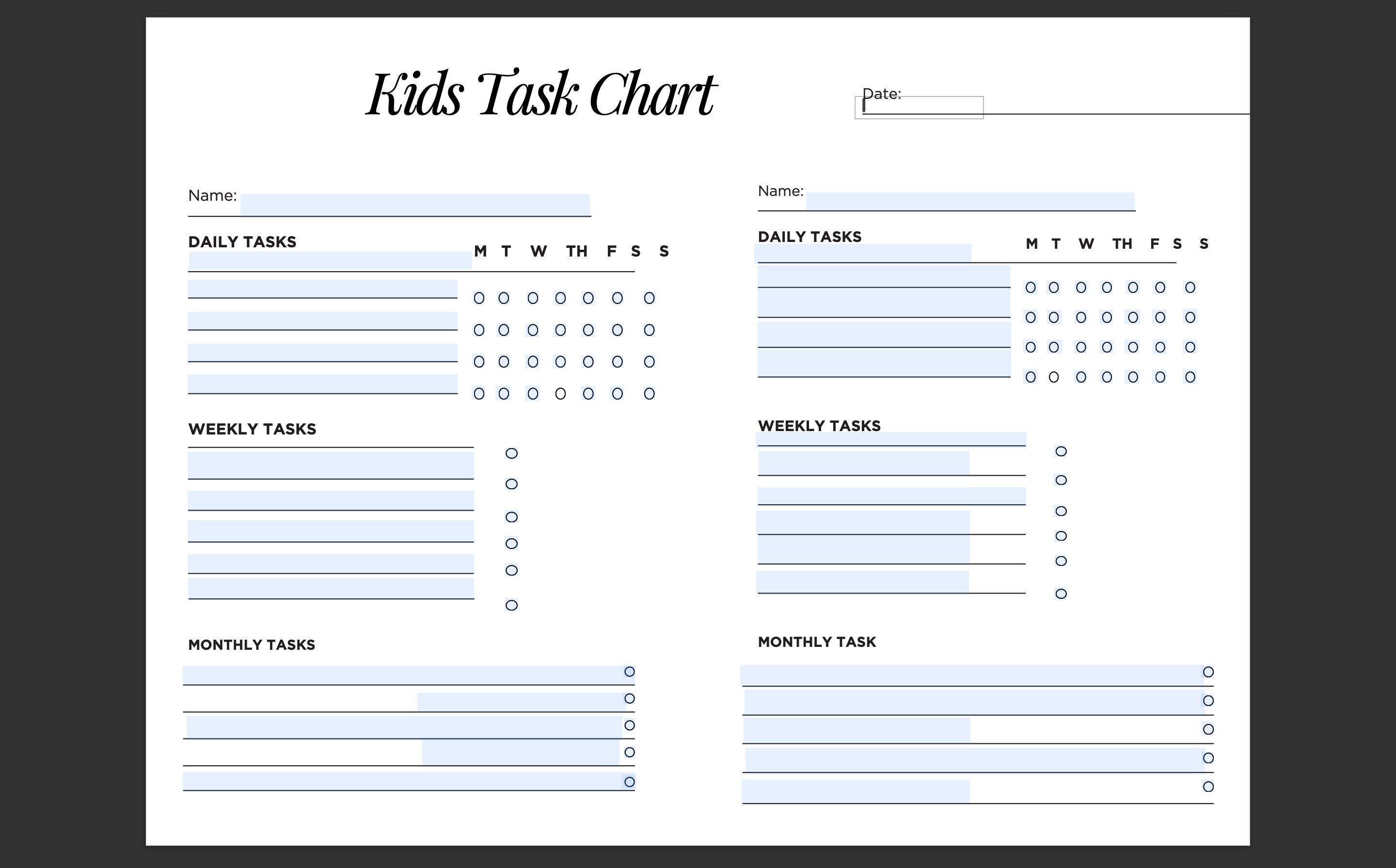Task Chart for 2 Kids / Adults Printable Template, Weekly Tasks, House ...