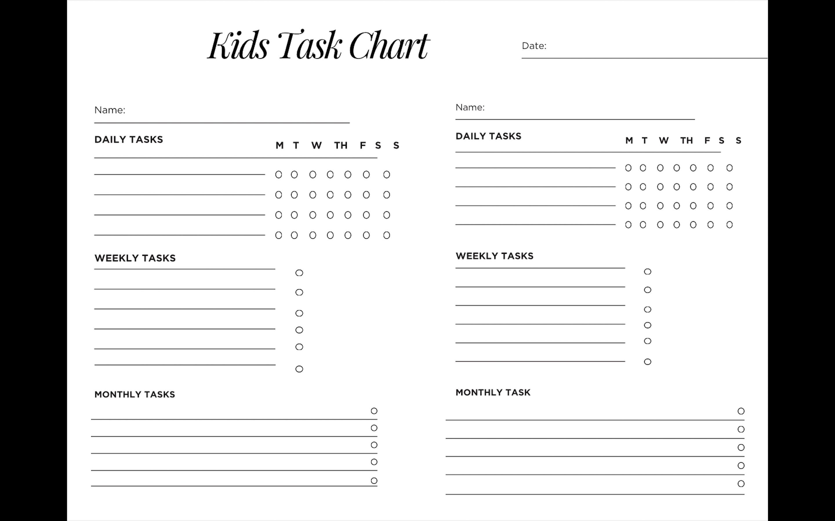 Task Chart for 2 Kids / Adults Printable Template, Weekly Tasks, House ...