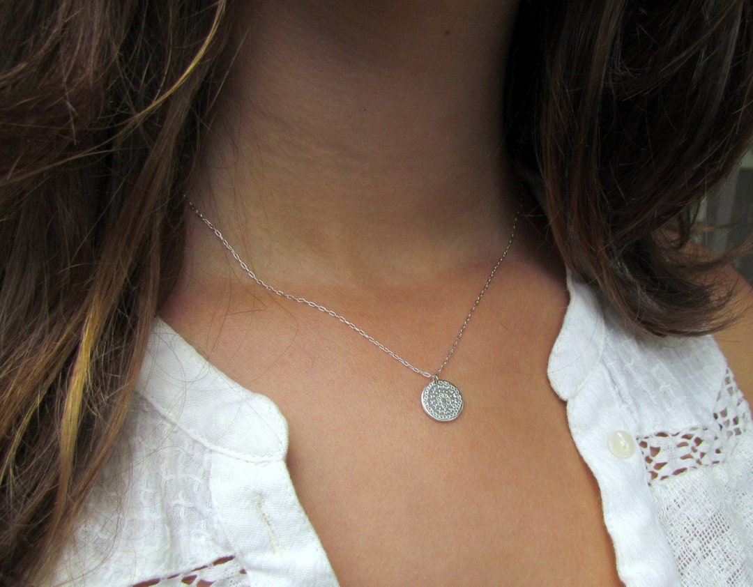 Silver Disc Necklace, Hammered Silver Disc Necklace, Simple Silver ...