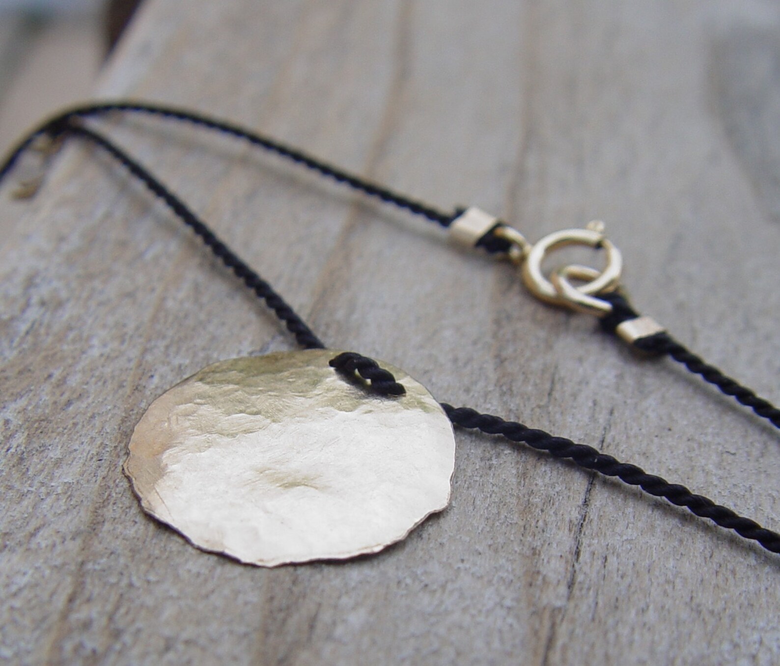 Organic Disc Pendant on A Black Silk Necklace, Delicate Gold Necklace ...