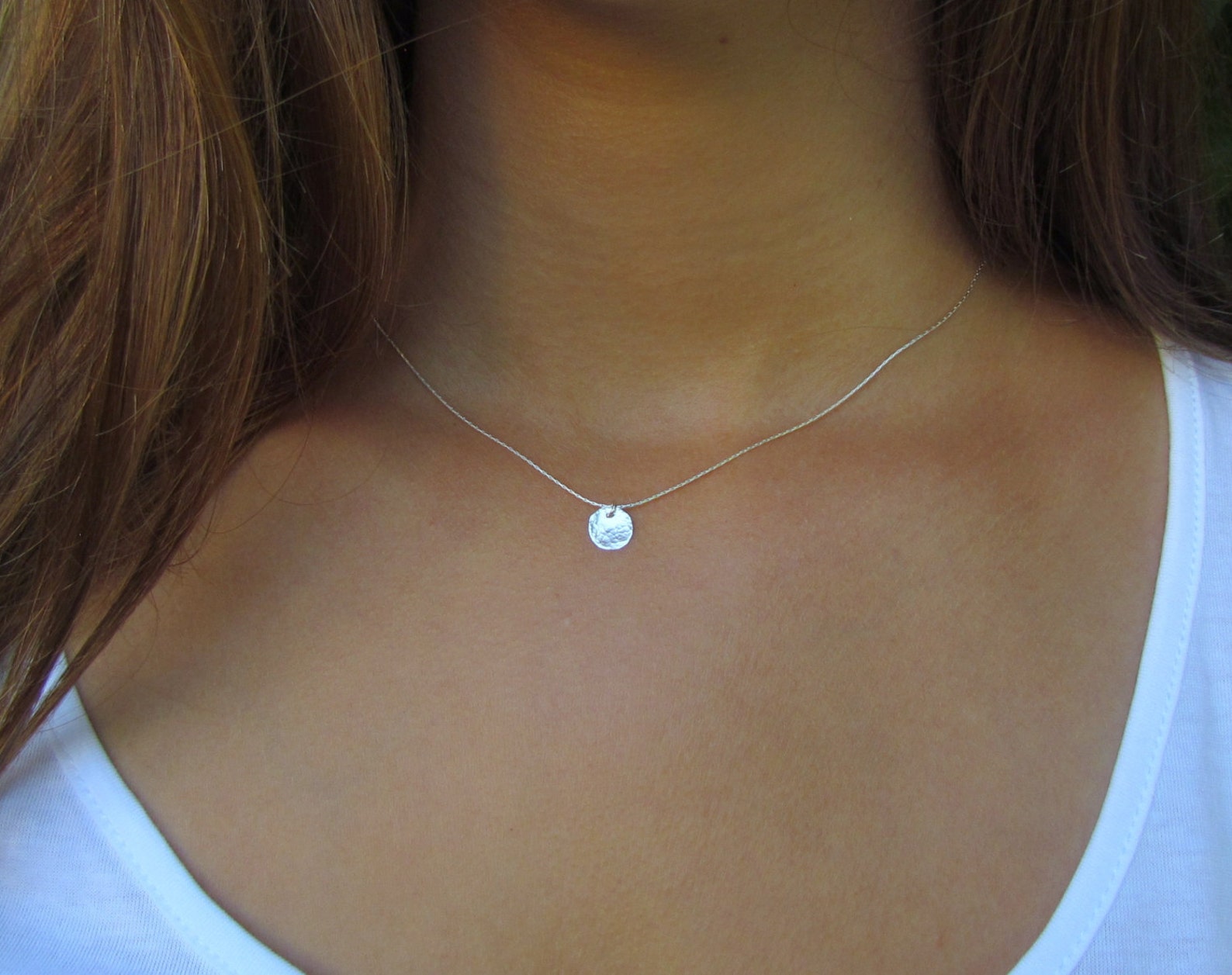 Tiny Silver Disc Necklace, Dainty Silver Necklace, Hammered Silver ...