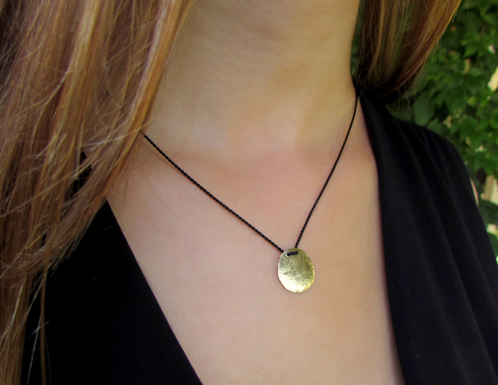 Organic Disc Pendant on A Black Silk Necklace, Delicate Gold Necklace ...