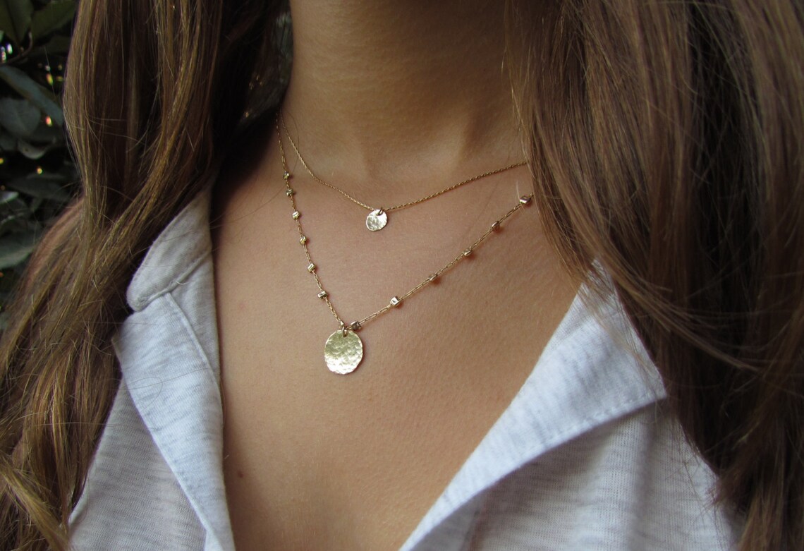 Gold Disc Necklace, Hammered Gold Disc Necklace, Delicate Gold Necklace ...