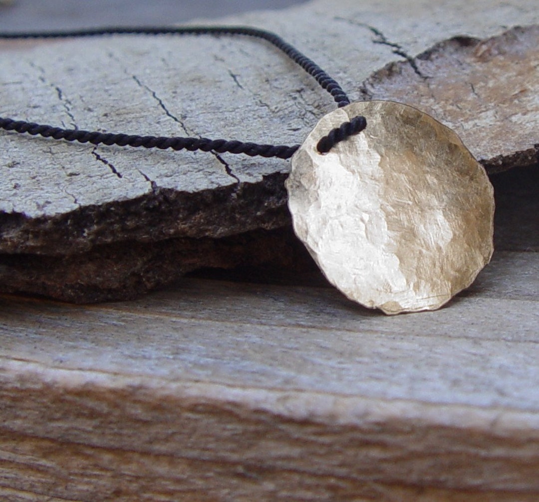 Organic Disc Pendant on A Black Silk Necklace, Delicate Gold Necklace ...