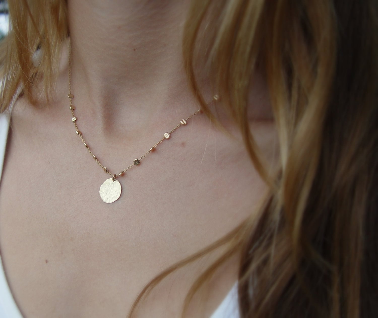 Gold Disc Necklace, Hammered Gold Disc Necklace, Delicate Gold Necklace ...