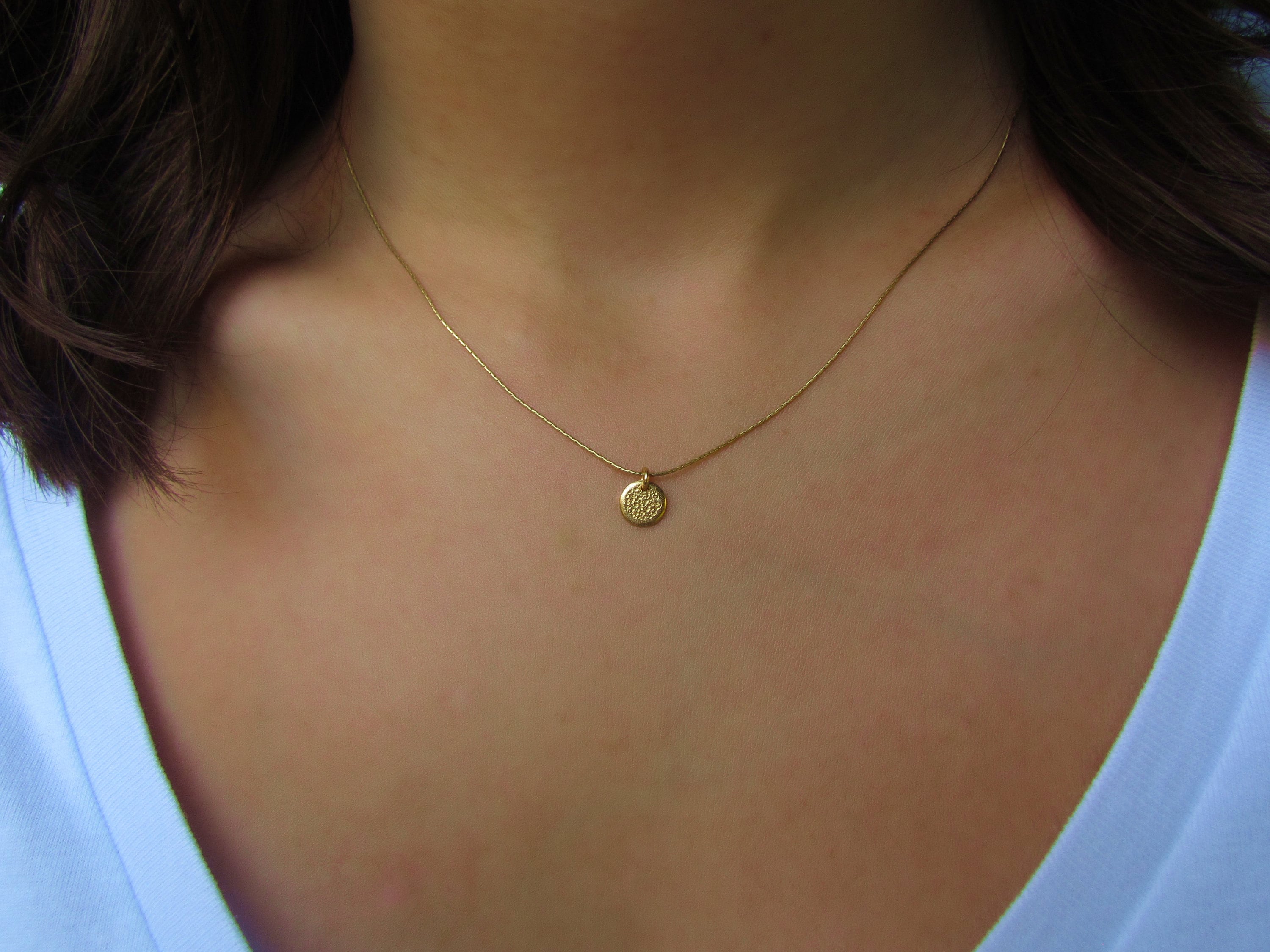 Tiny Gold Disc Necklace, Dainty Gold Necklace, Hammered Gold Disc ...