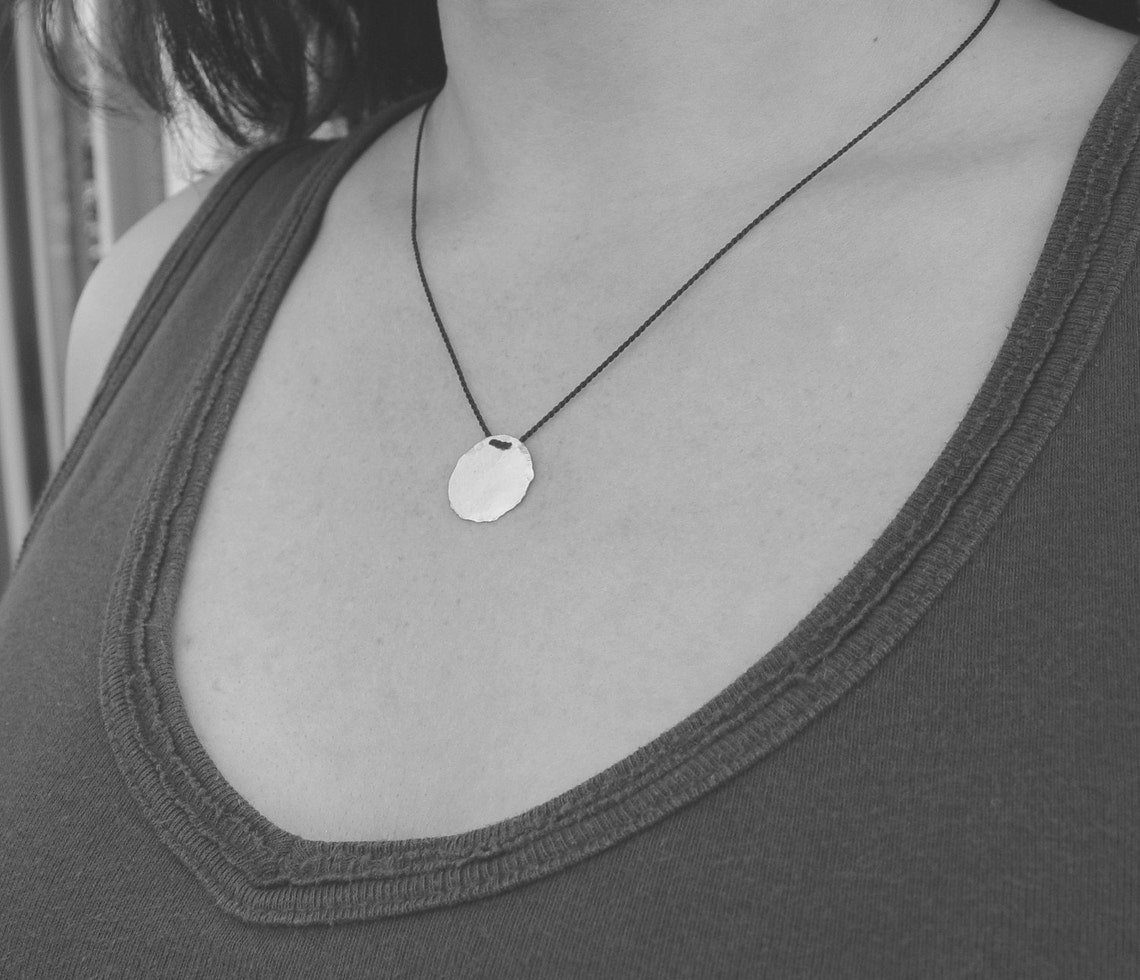 Organic Disc Pendant on A Black Silk Necklace, Delicate Gold Necklace ...