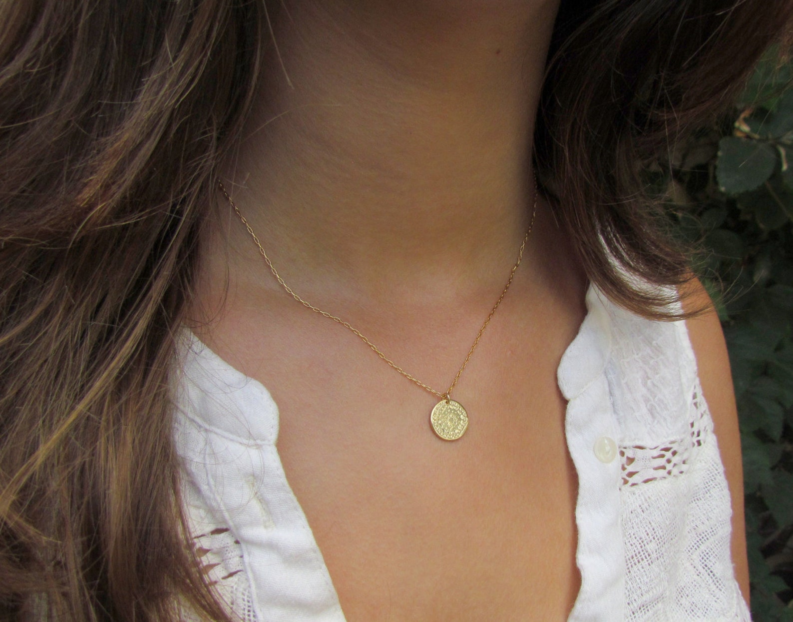 Gold Disc Necklace, Hammered Gold Disc Necklace, Simple Gold Necklace ...