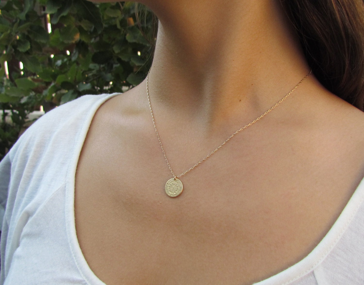 Disc Necklace, Simple Gold Necklace, Gold Disc Necklace, Hammered Gold ...