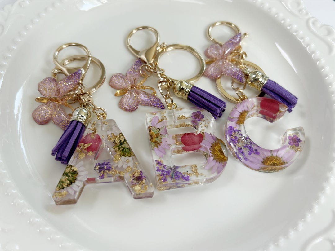 Initial Letter Keychain Resin Alphabet Keyrings,purple Petals Gold Foil ...