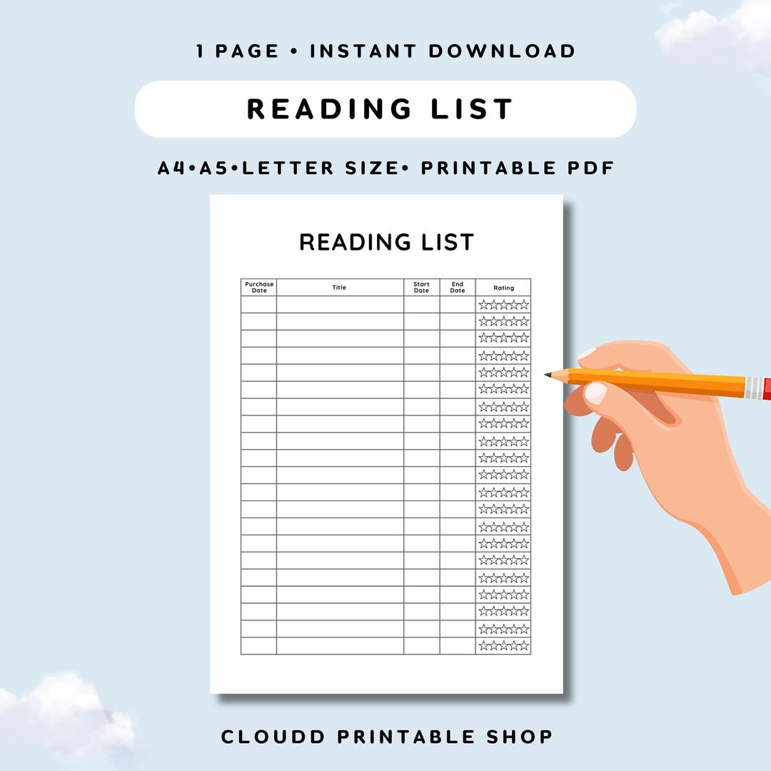Printable Reading List , Instant Download, A5/a4/letter Size - Etsy