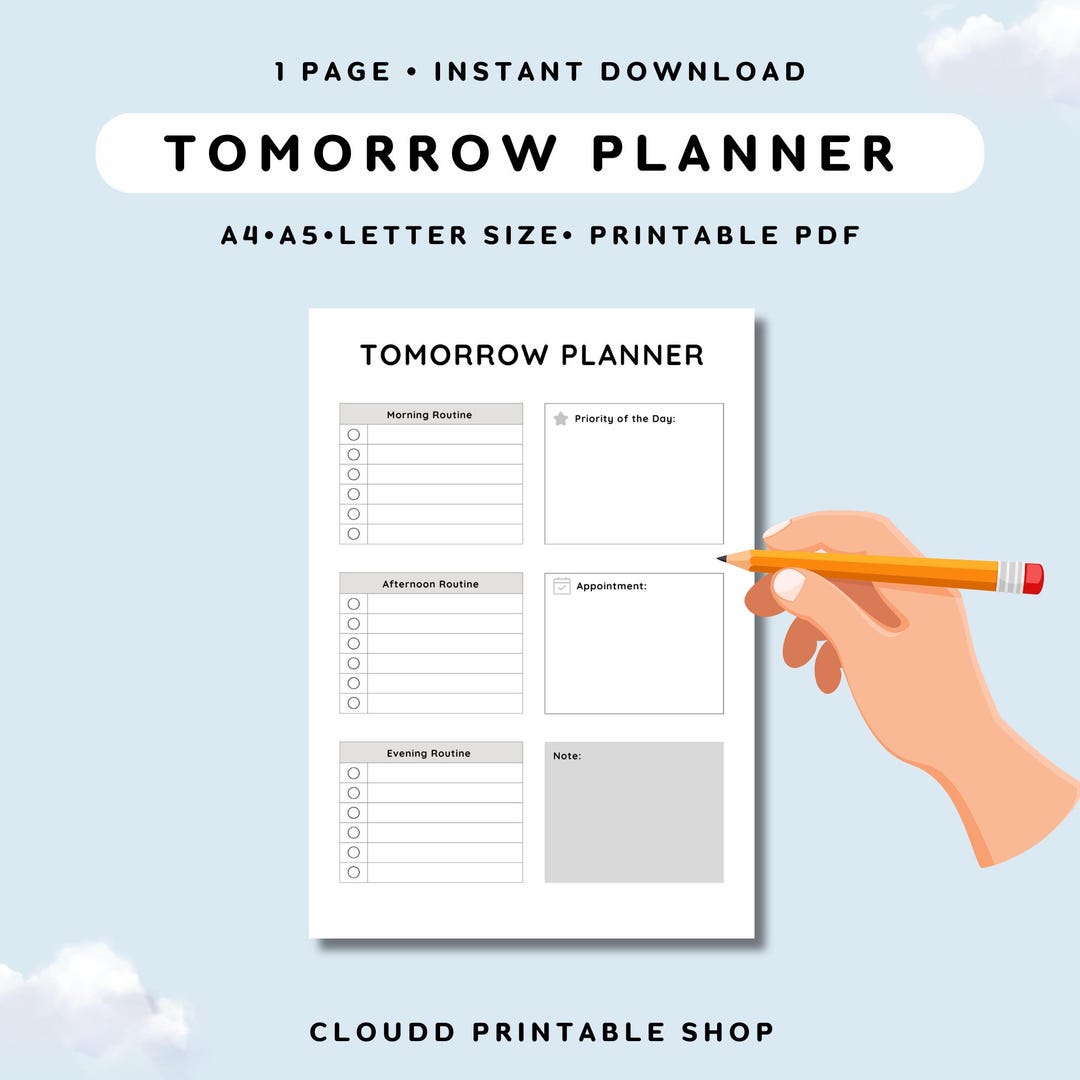 Printable Tomorrow Checklist Planner, Instant Download, A5/a4/letter ...