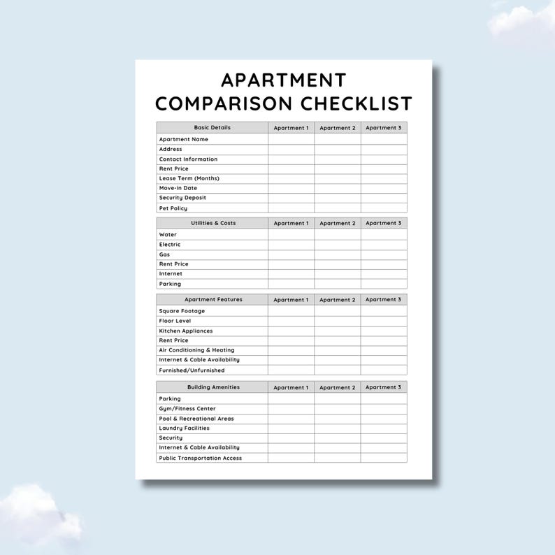 Apartment Comparison Checklist, Instant Download, A5/a4/letter Size - Etsy