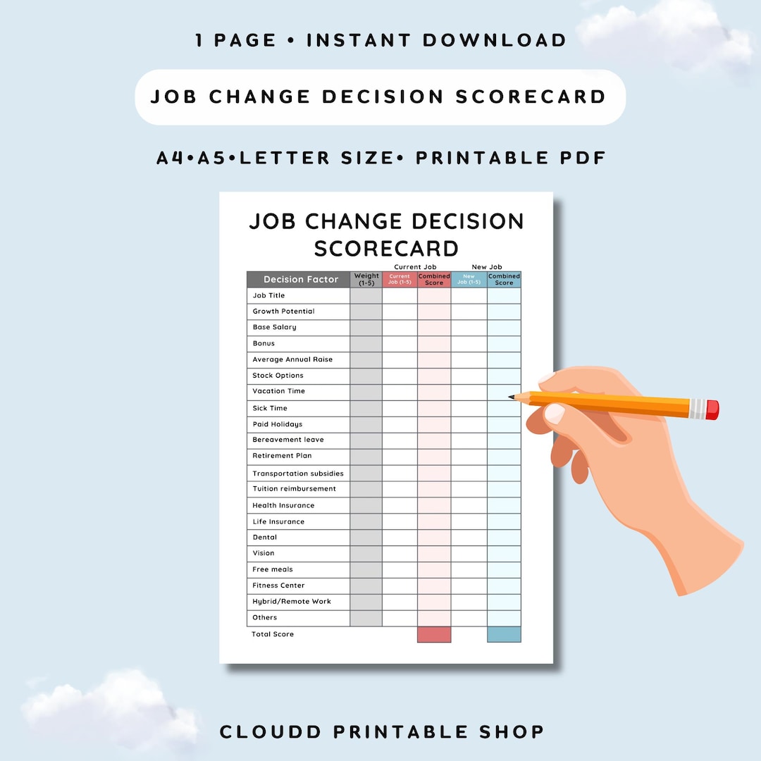 Printable Job Change Decision Scorecard, Instant Download, A5/a4/letter ...