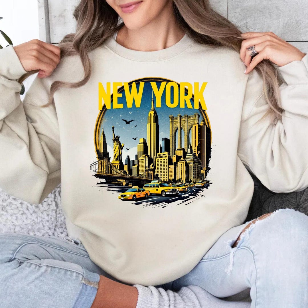 New York City Skyline, Iconic NYC View Art, Statue Liberty Taxi Scene ...