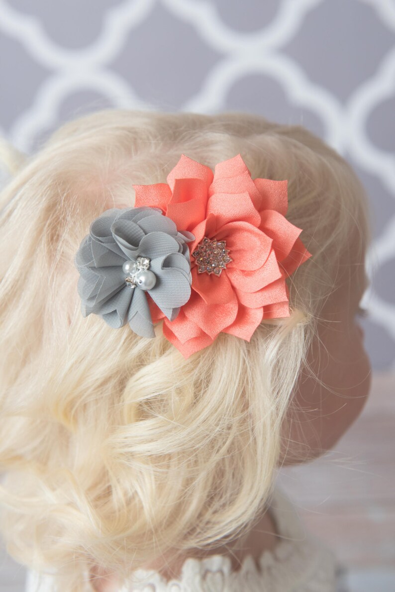 Coral Flower Hair Clip Grey Flower Hair Clip Girl Hair | Etsy