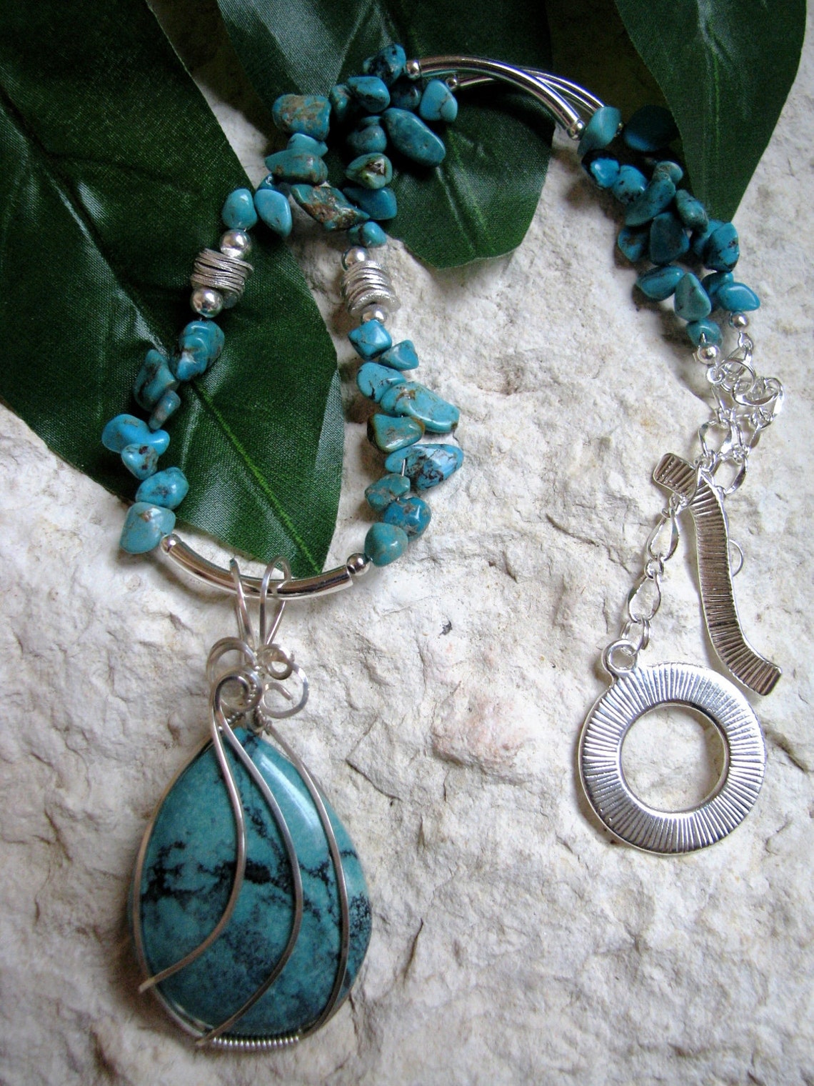 Silver Wire Wrapped Turquoise Pendant Necklace Turquoise Necklace ...