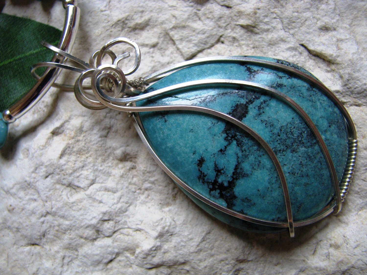 Silver Wire Wrapped Turquoise Pendant Necklace - Turquoise Necklace ...