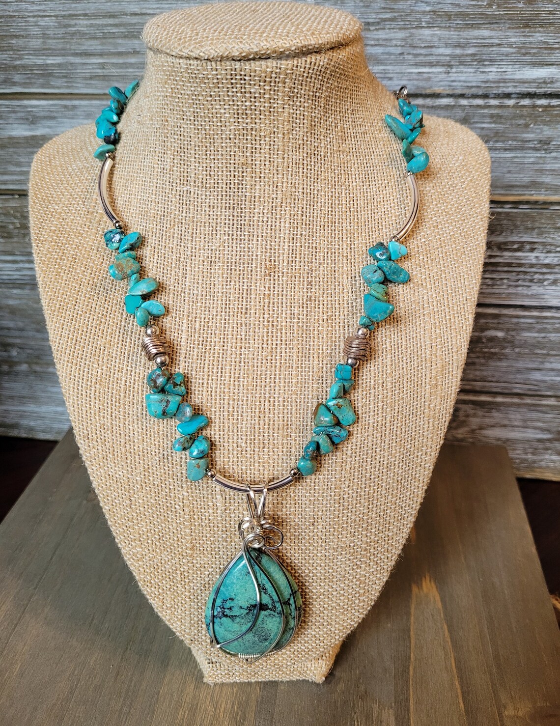 Silver Wire Wrapped Turquoise Pendant Necklace - Turquoise Necklace ...