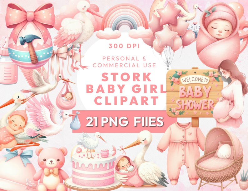 21 Stork Baby Clipart Bundle, Newborn Baby Girl Clipart, Baby Arrival ...