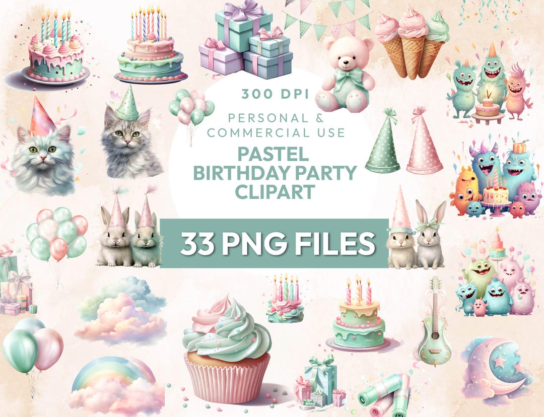 33 Watercolor Pastel Birthday Clipart PNG Bundle, Cute Happy Birthday ...