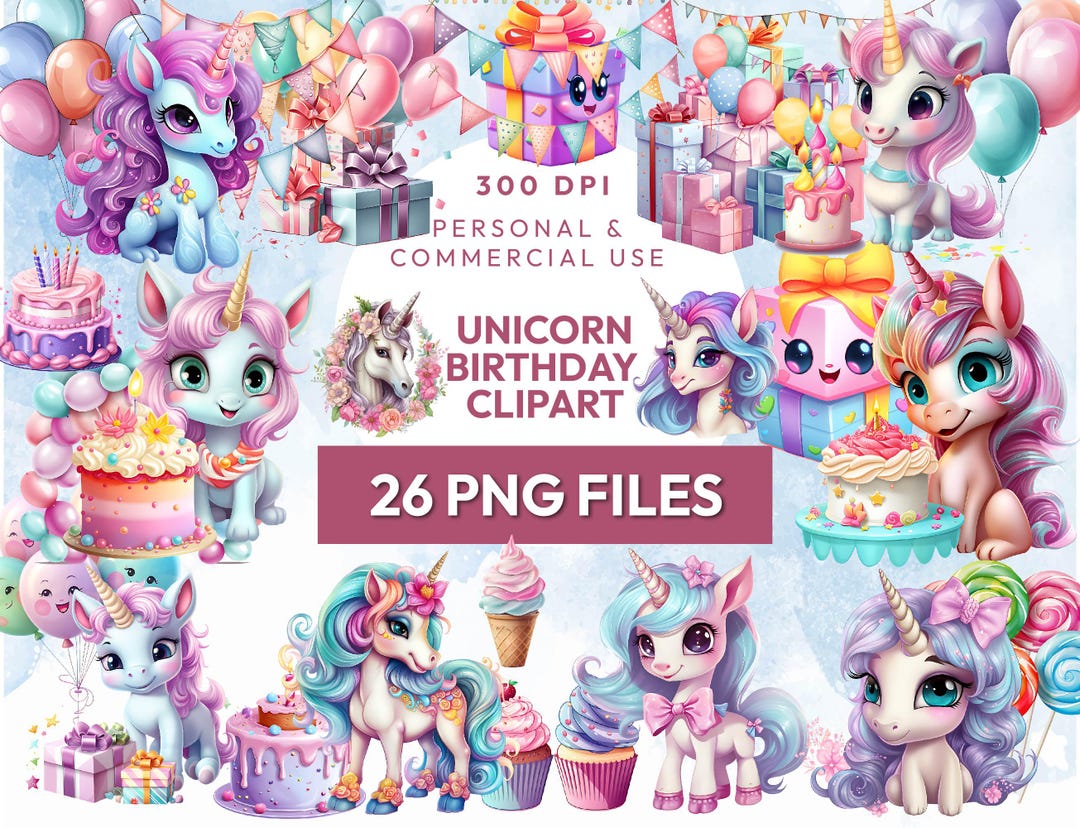26 Unicorn Party Watercolor Clipart PNG Bundle, Unicorns Birthday Decor ...