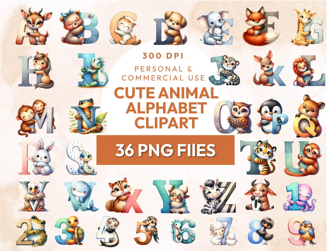 Cute Watercolor Baby Animals Alphabet Letters Clipart Bundle, Animals A ...