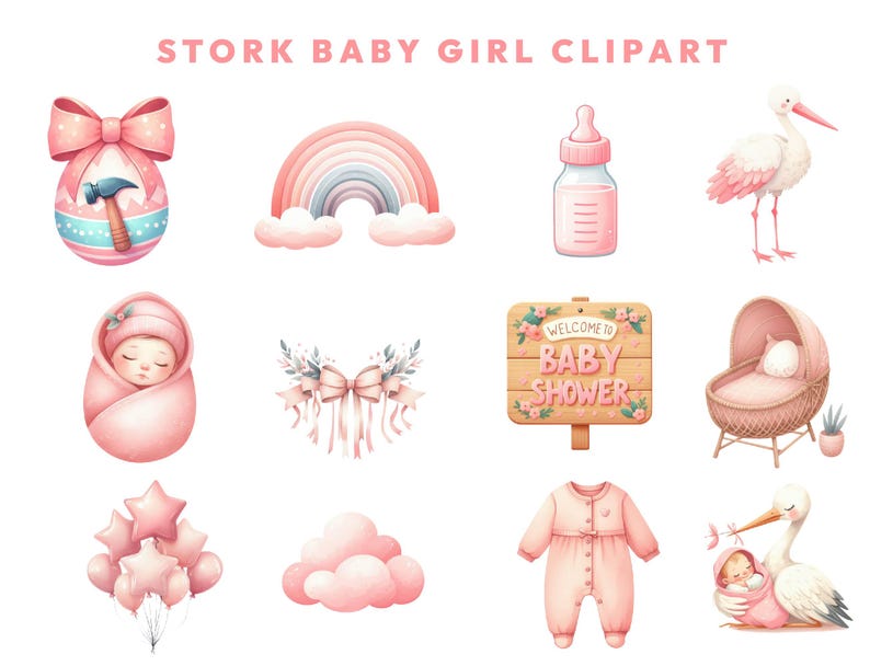 21 Stork Baby Clipart Bundle, Newborn Baby Girl Clipart, Baby Arrival ...