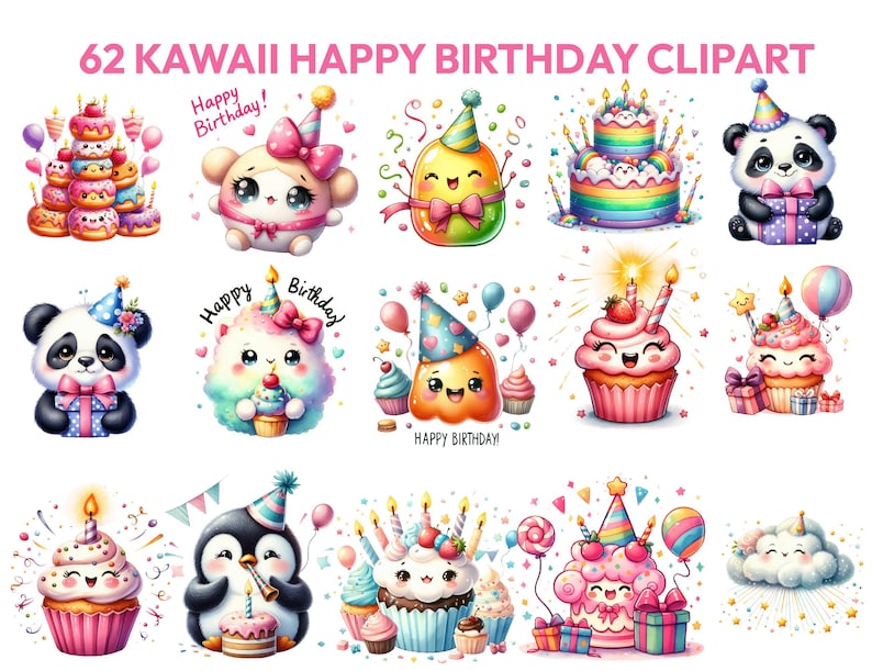 62 Cute Kawaii Birthday Clipart Bundle, Kawaii Birthday Png, Happy ...
