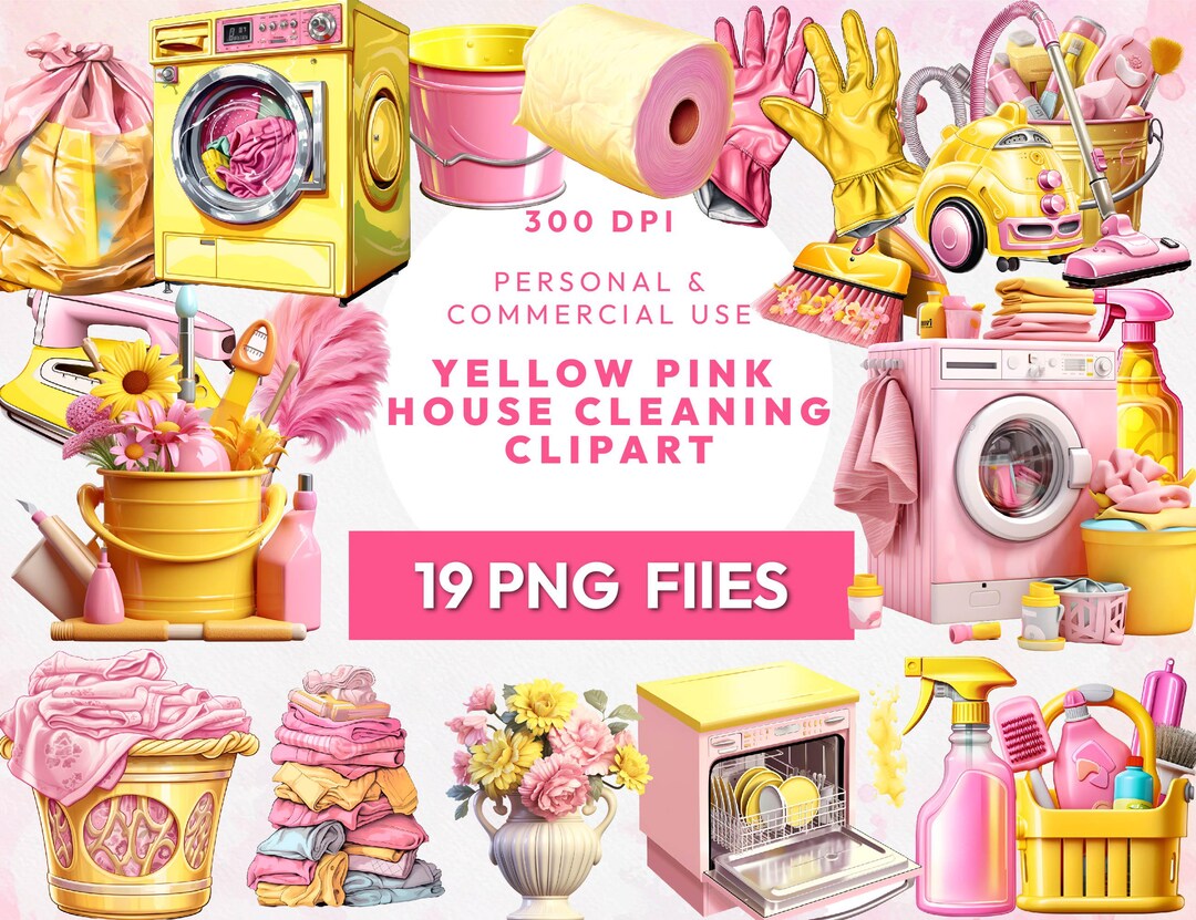 19 House Cleaning Clipart Bundle, Pink Yellow Cute Housekeeping Clipart ...