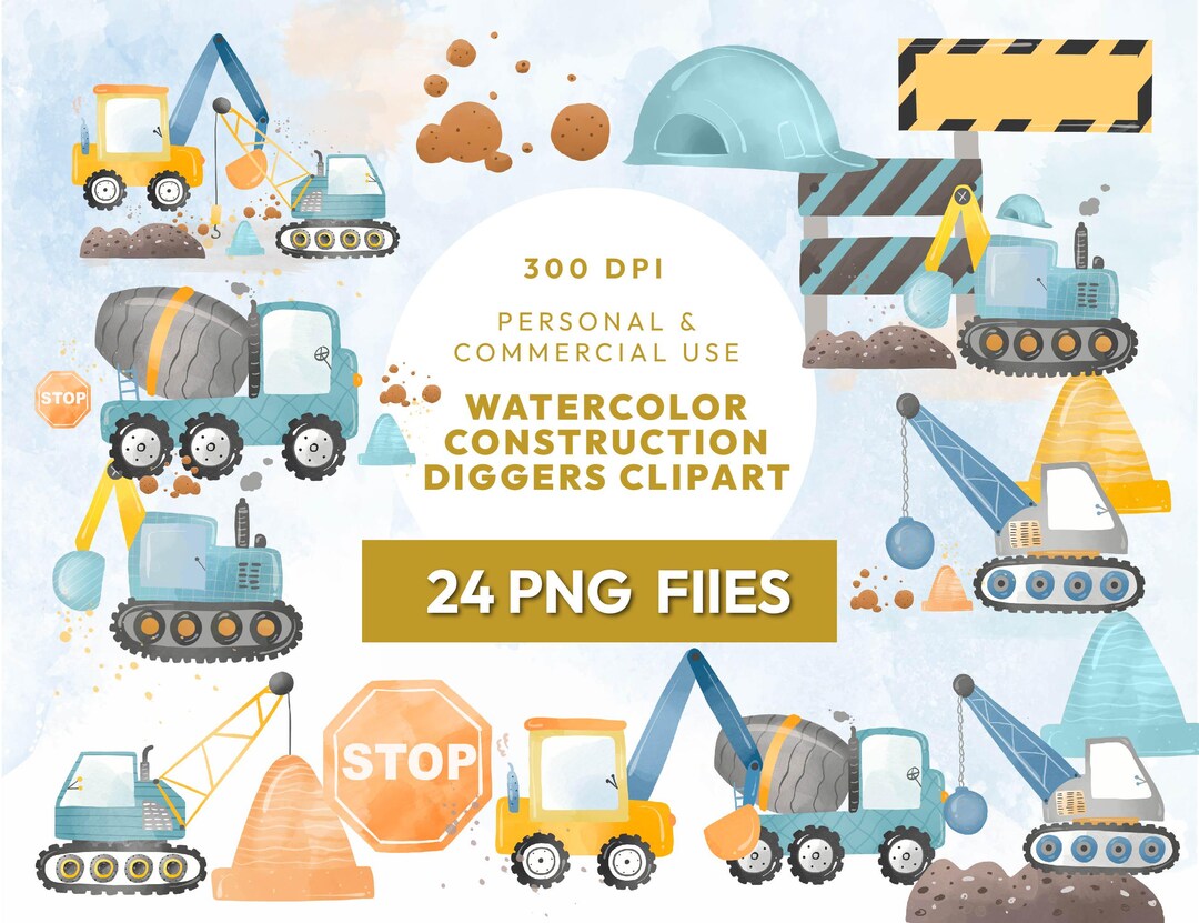 24 Watercolor Construction Diggers Clipart, Construction Vehicles PNG ...