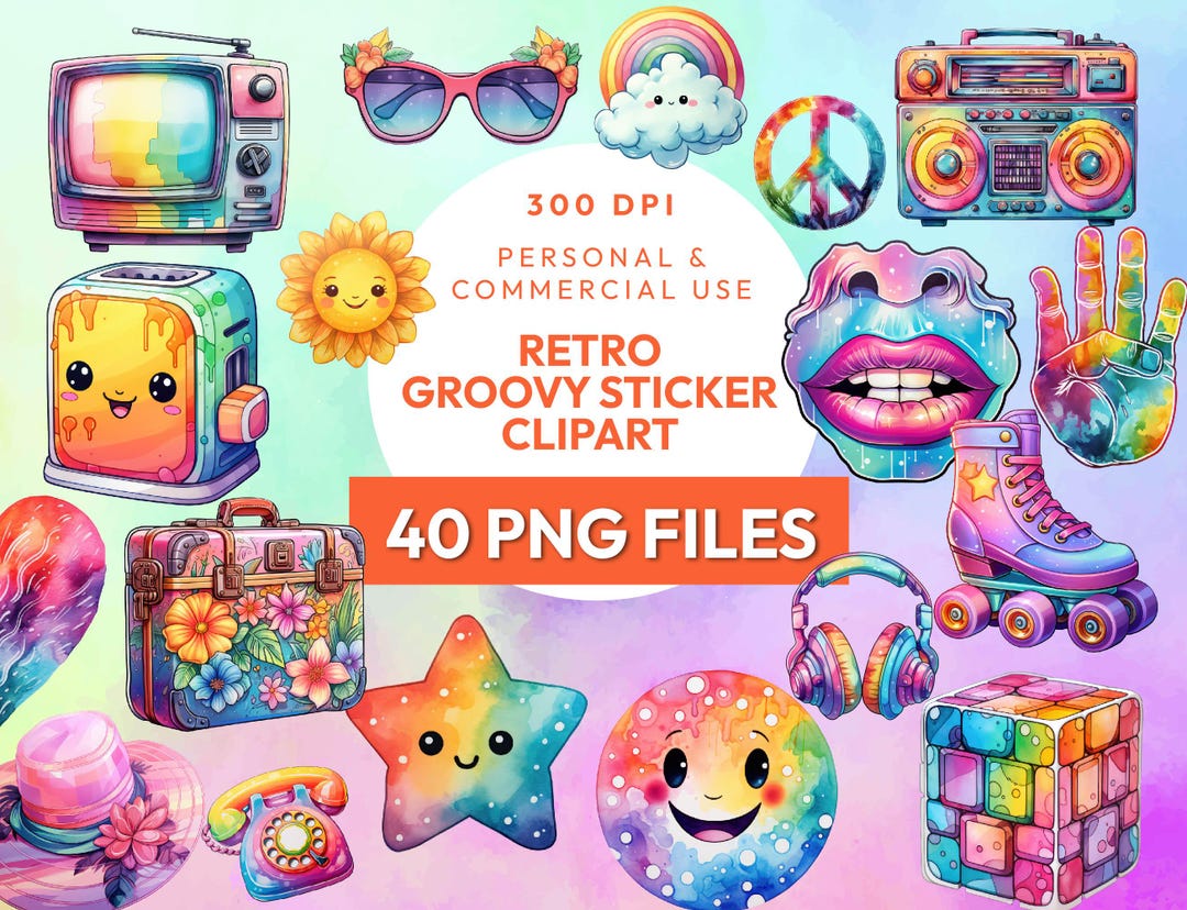 40 Watercolor Retro Groovy Sticker Clipart Bundle, 80 Retro Hippie ...