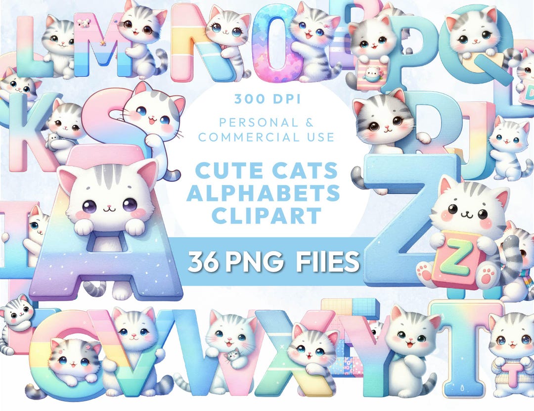 Cute Pastel Cats Alphabet and Numbers Clipart Bundle, Kitten Alphabet ...