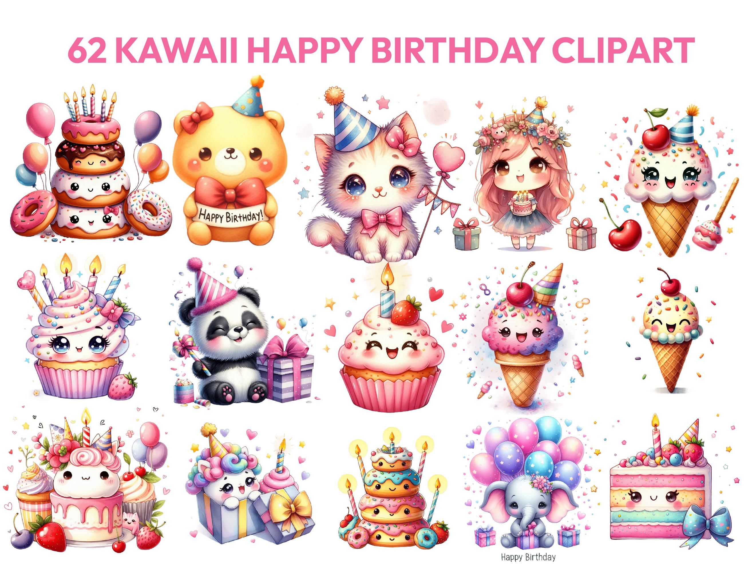 62 Cute Kawaii Birthday Clipart Bundle, Kawaii Birthday Png, Happy ...