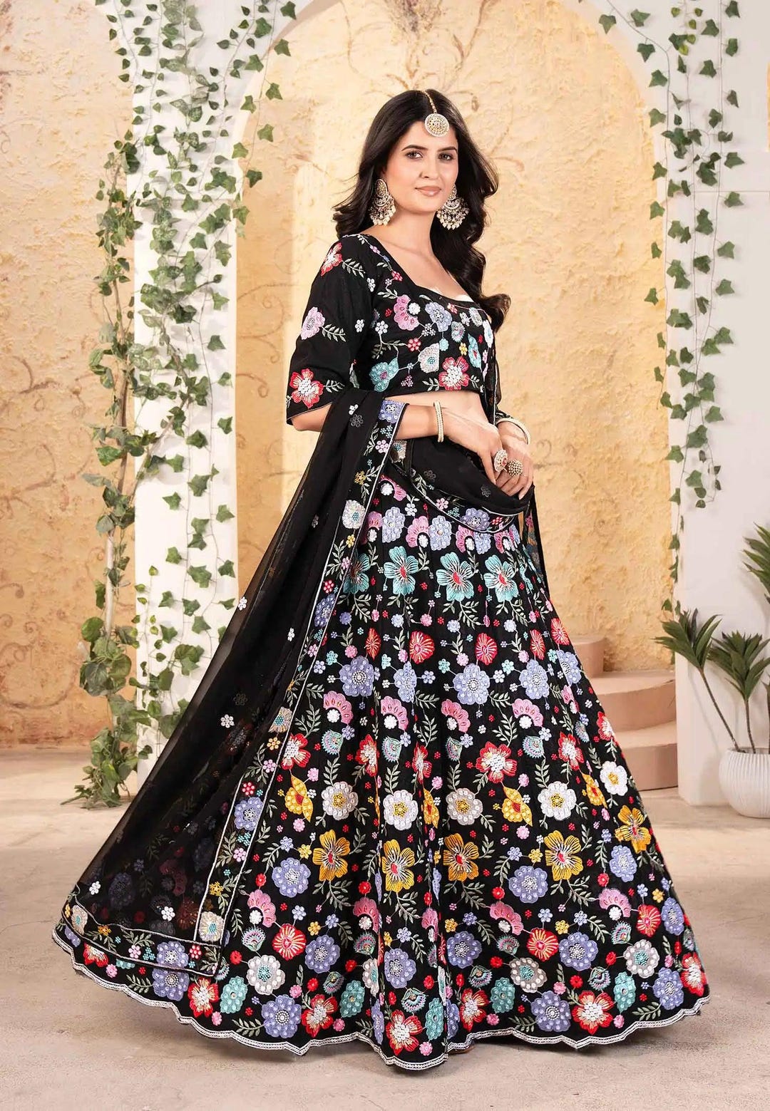 Black Georgette Lehenga: Floral Thread and Sequin Embroidery - Etsy