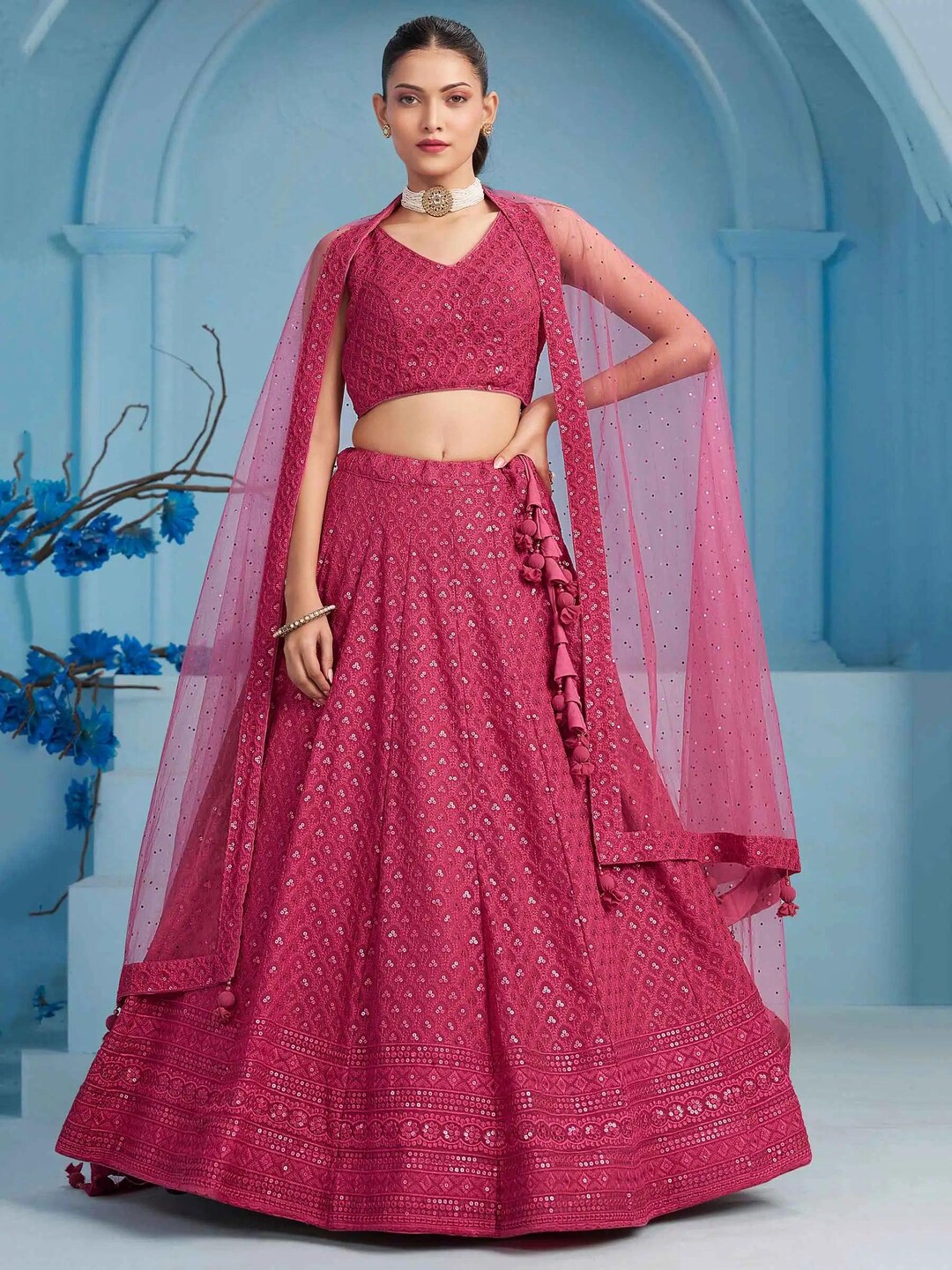 Embroidered Rosy Pink Lehenga: Party Wear Set (georgette, Dupatta) - Etsy