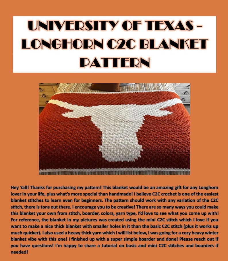 University of Texas - Longhorn C2C Crochet Blanket PATTERN - Etsy