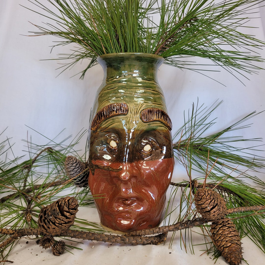 Tall Stoneware Pottery Vase. Face Jar. Rustic Red Brown Green Lage ...