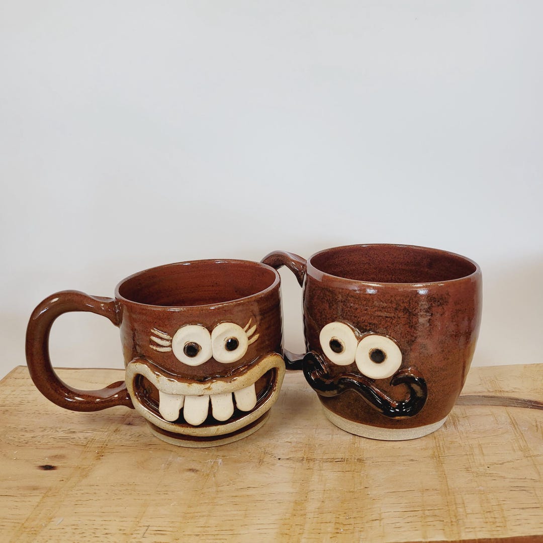 His Hers Wedding Matching Coffee Cups. Set of Red Brown Face Mugs. Mr ...