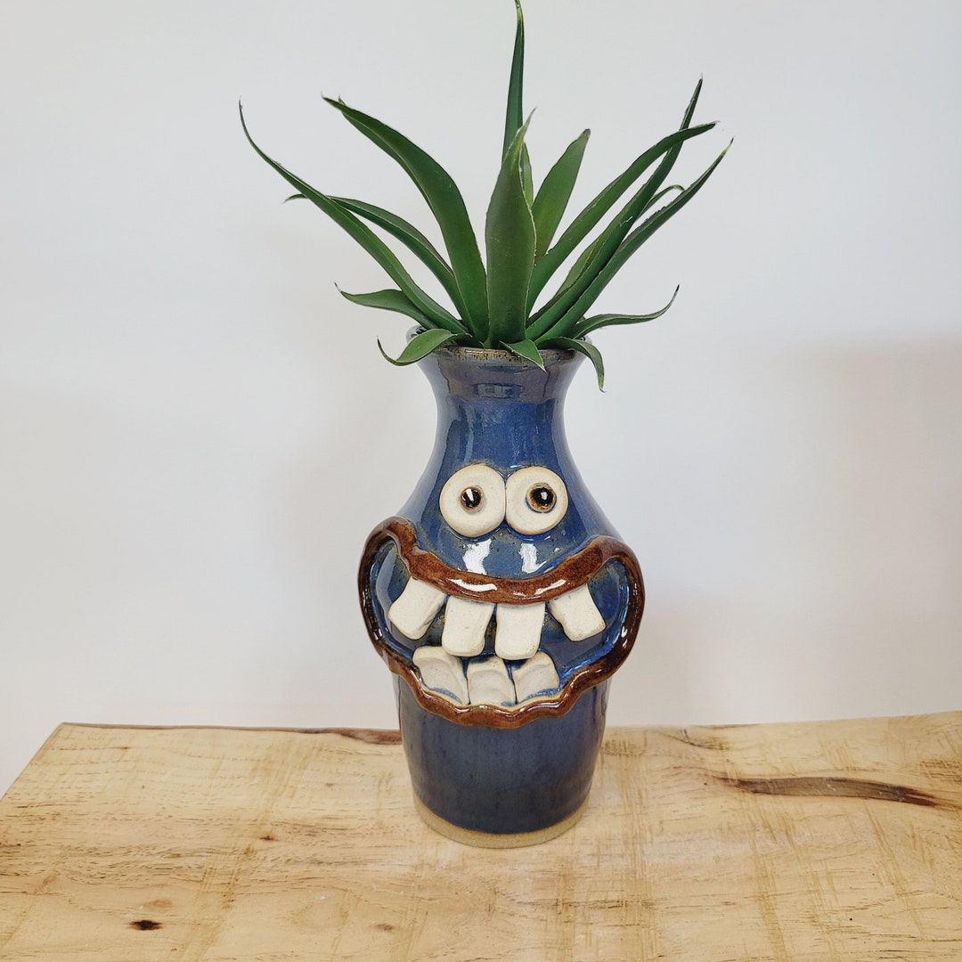 Blue Pottery Face Jug Vase. Cure Narrow Handmade Vase. Unique Home ...