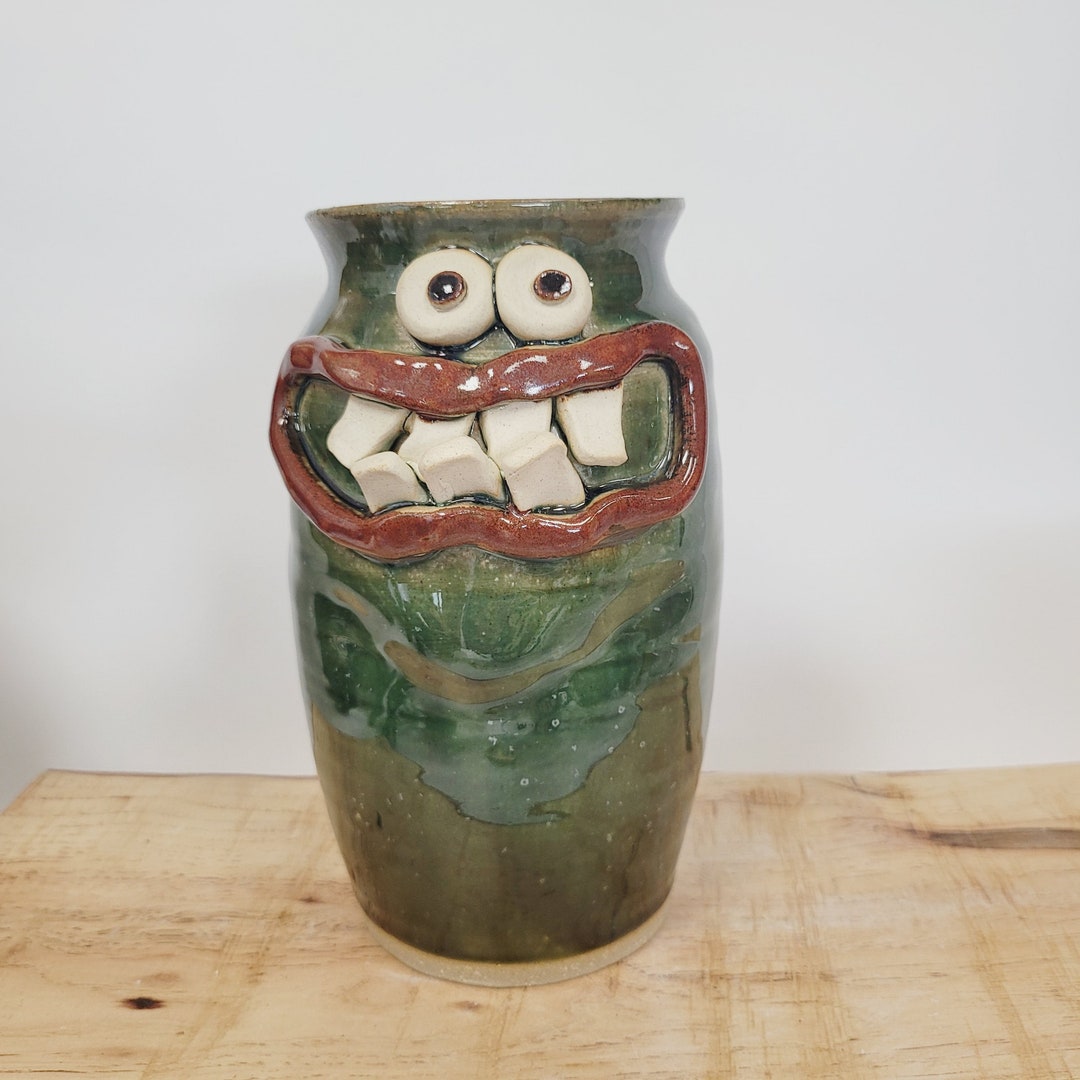 Green Pottery Face Jug Vase. Cure Narrow Handmade Vase. Unique Home ...