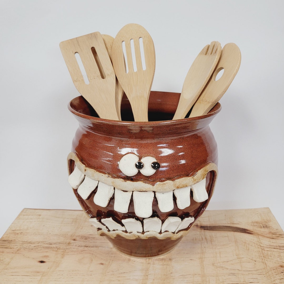 Extra Large Pottery Face Jug Vase. Utensil Holder Crock Kitchenware ...