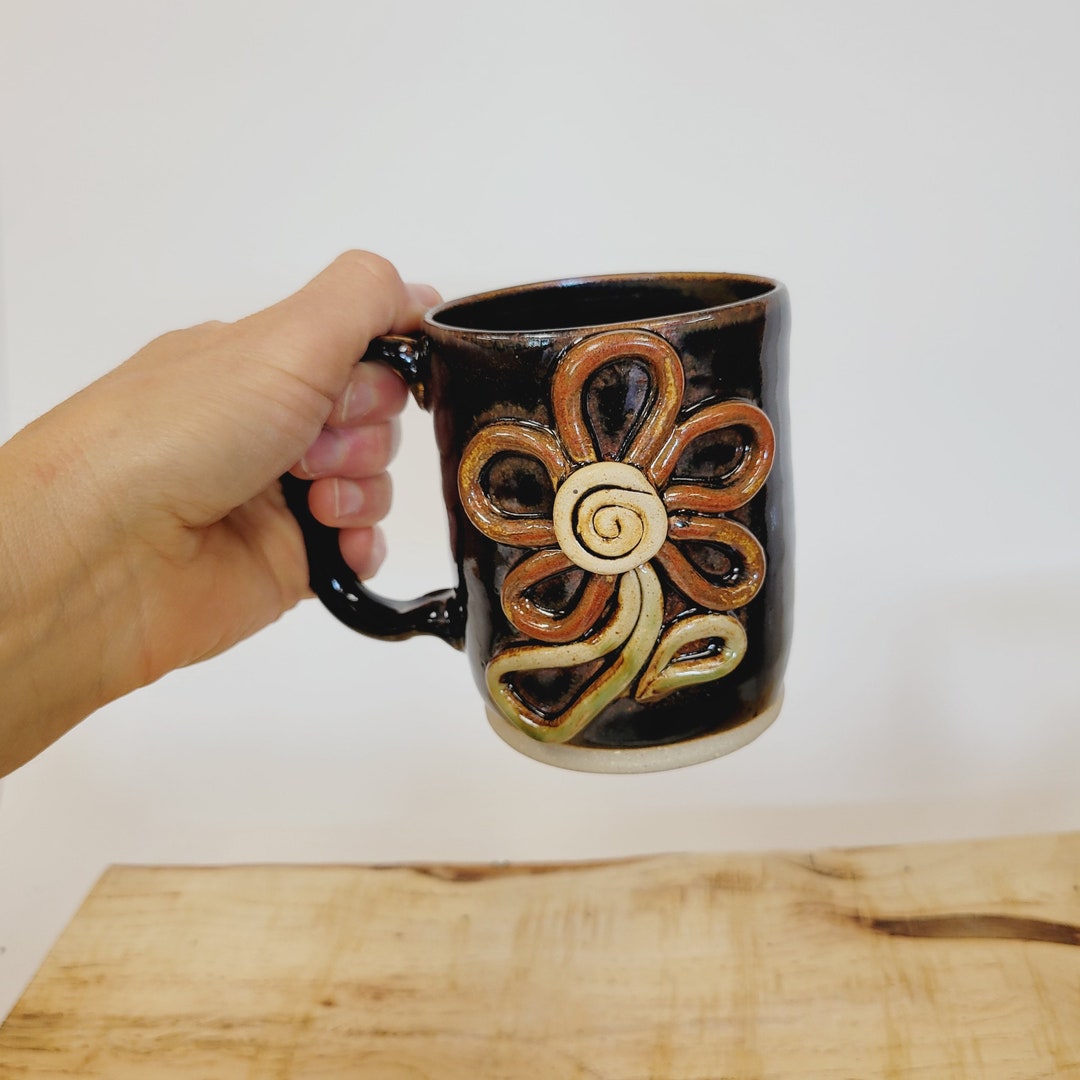 Mother's Day Flower Tea Mug Coffee Cup. Black. Ceramic Pottery Mug With ...