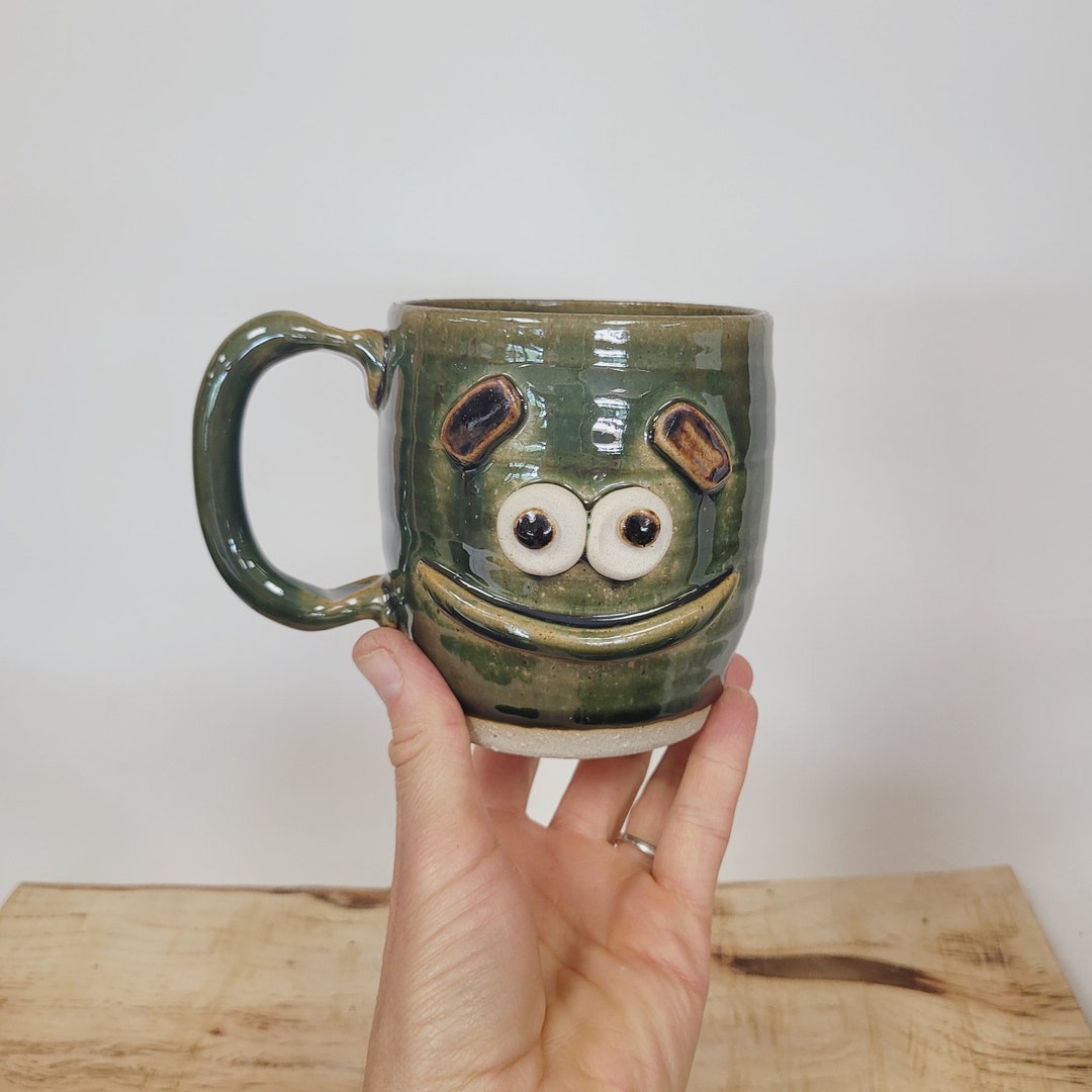 Coffee Cup Green Medium Funny Face Mugs. Stoneware Clay Ceramic Pottery ...