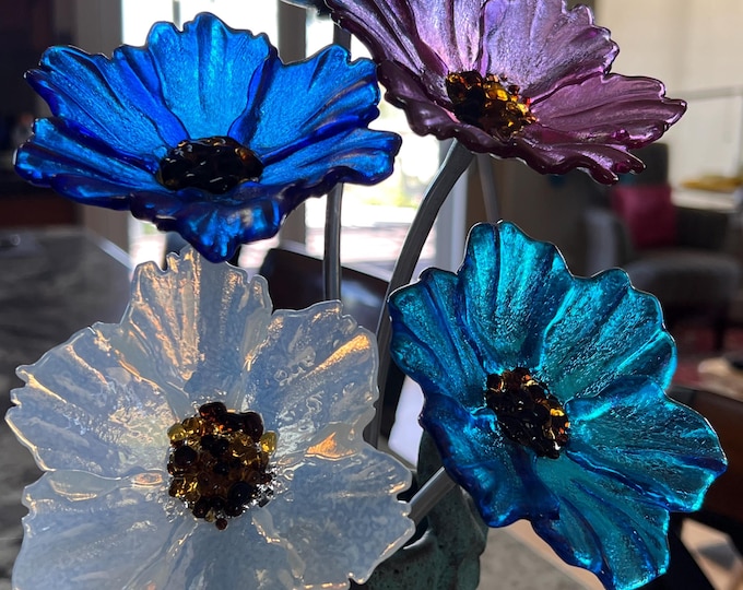 Handcrafted Fused Glass Flower With Metal Stem: Nature-inspired Home ...