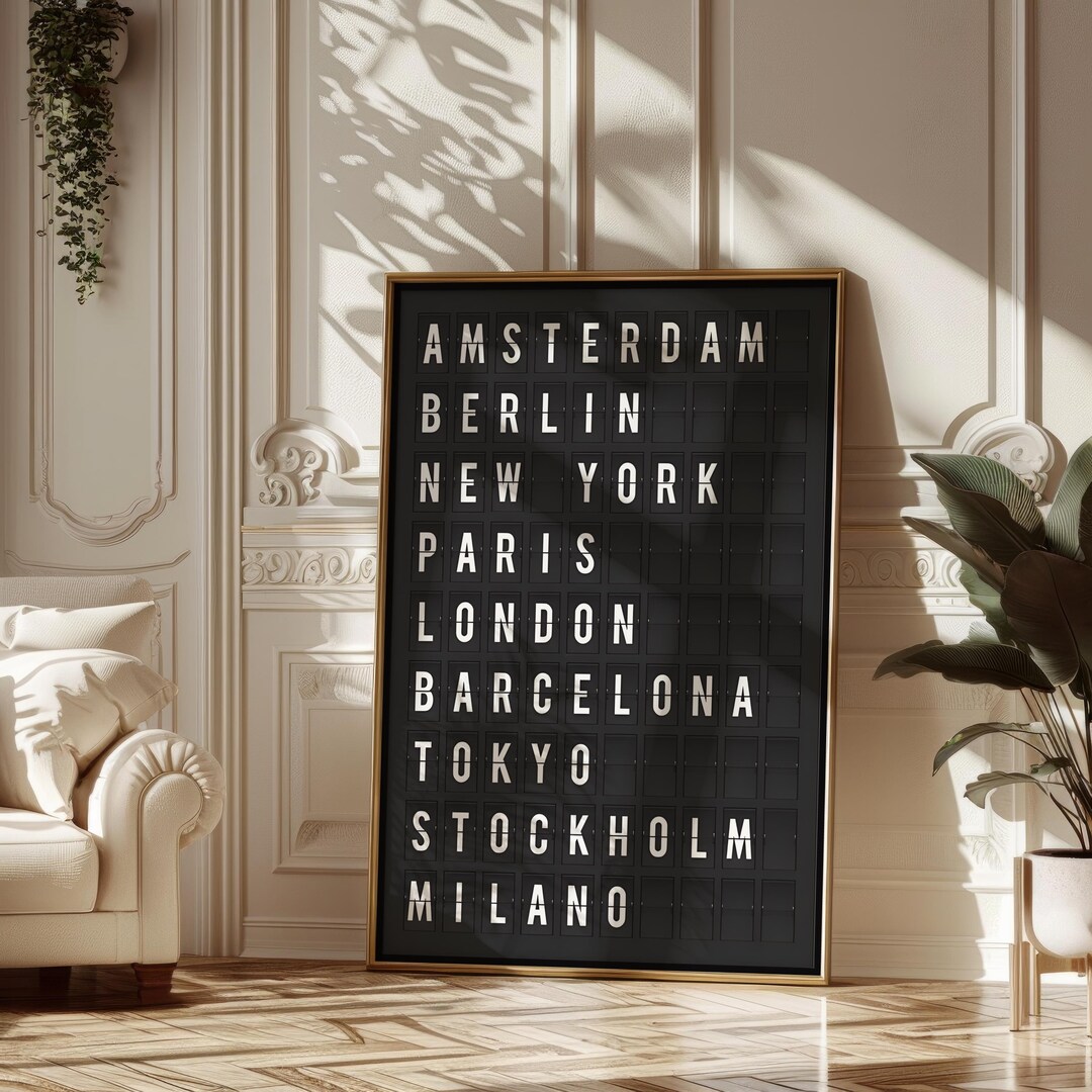 Airport Split Flap Poster: Black & White City Typography (digital ...