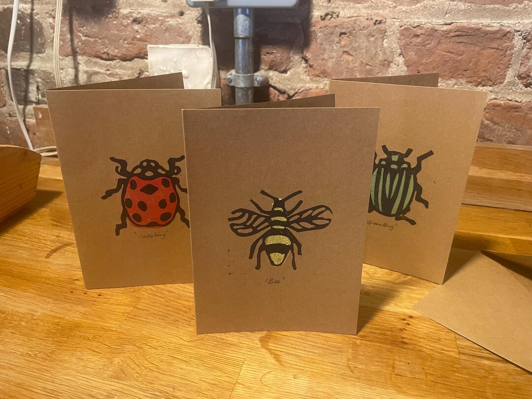 Bug Greeting Cards With Envelopes, Set of Three - a Bee, Ladybug and ...