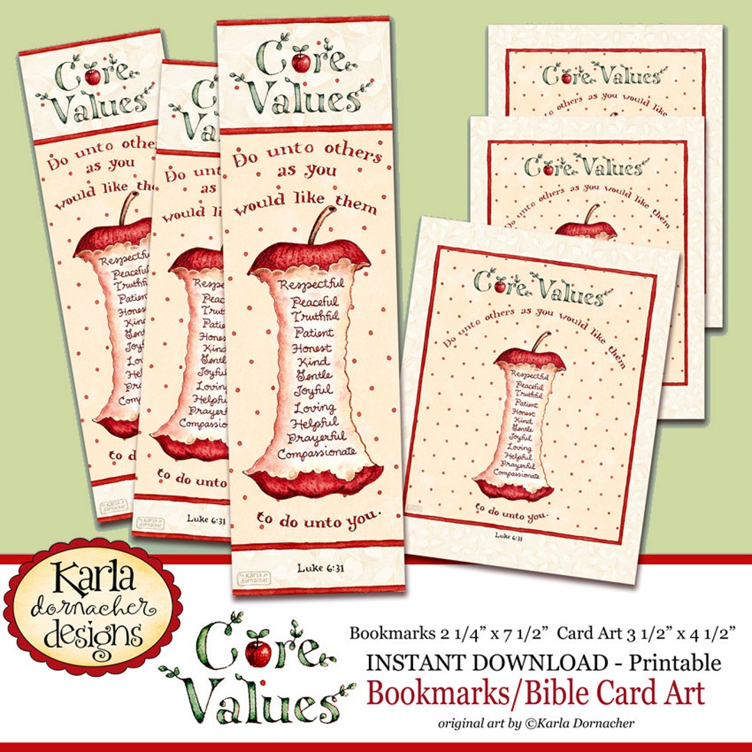 APPLE... CORE VALUES Scripture Bookmarks and Card Art Instant Download ...