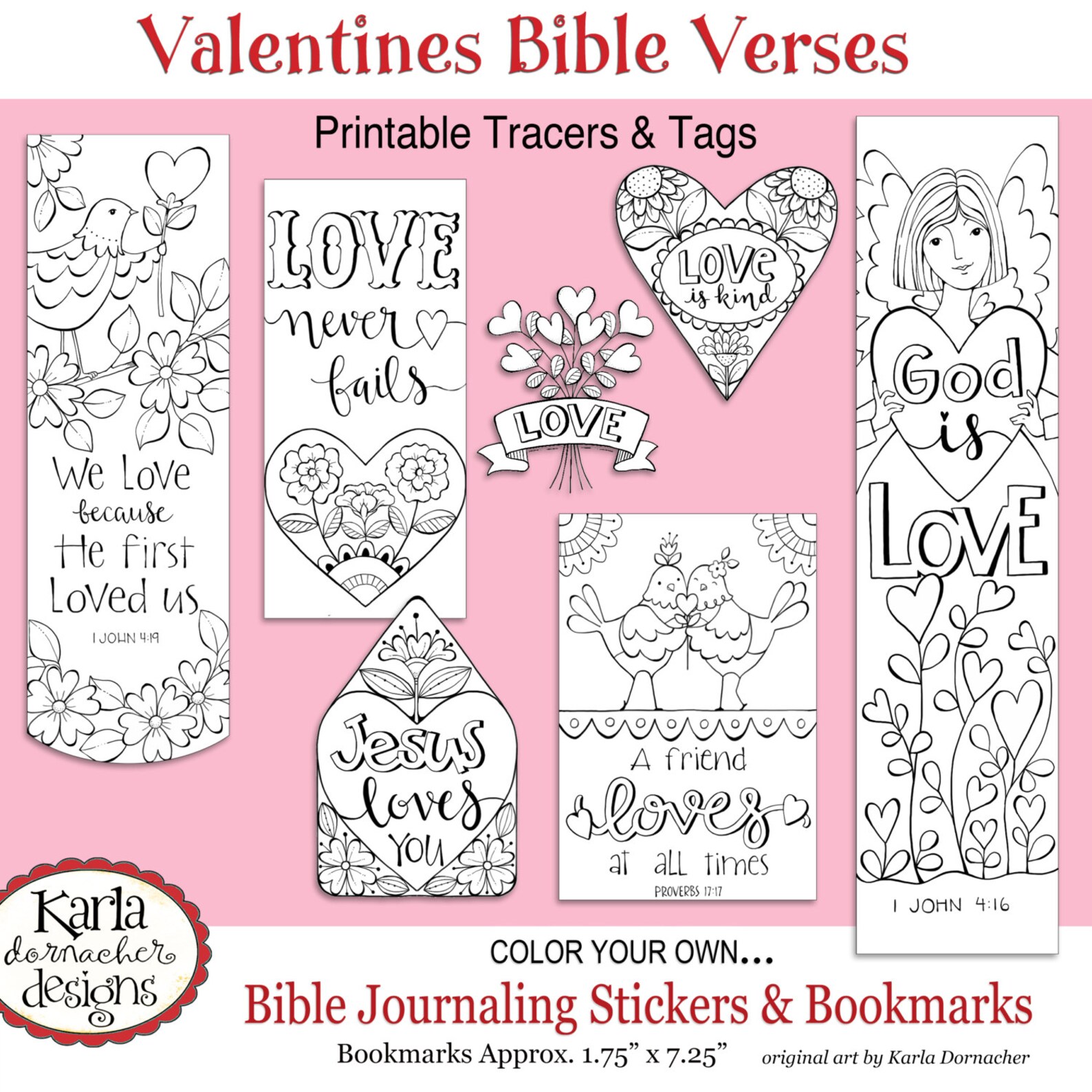 VALENTINE LOVE... Color-your-own Bookmarks Bible Journaling Tags ...